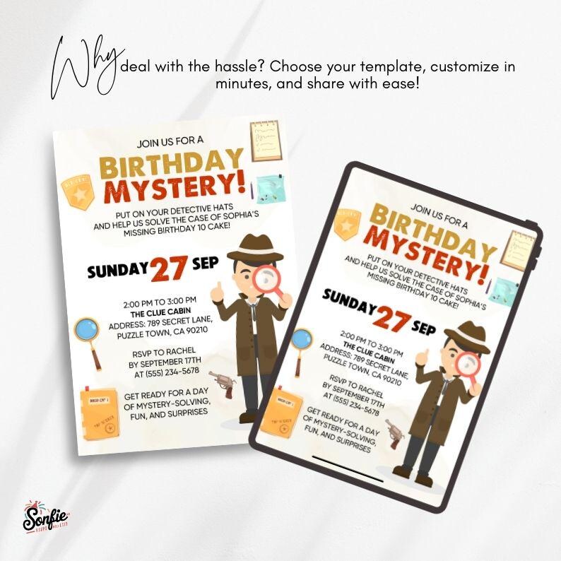 Mystery-themed Birthday Invitation - Detective and Clue | Editable in ...