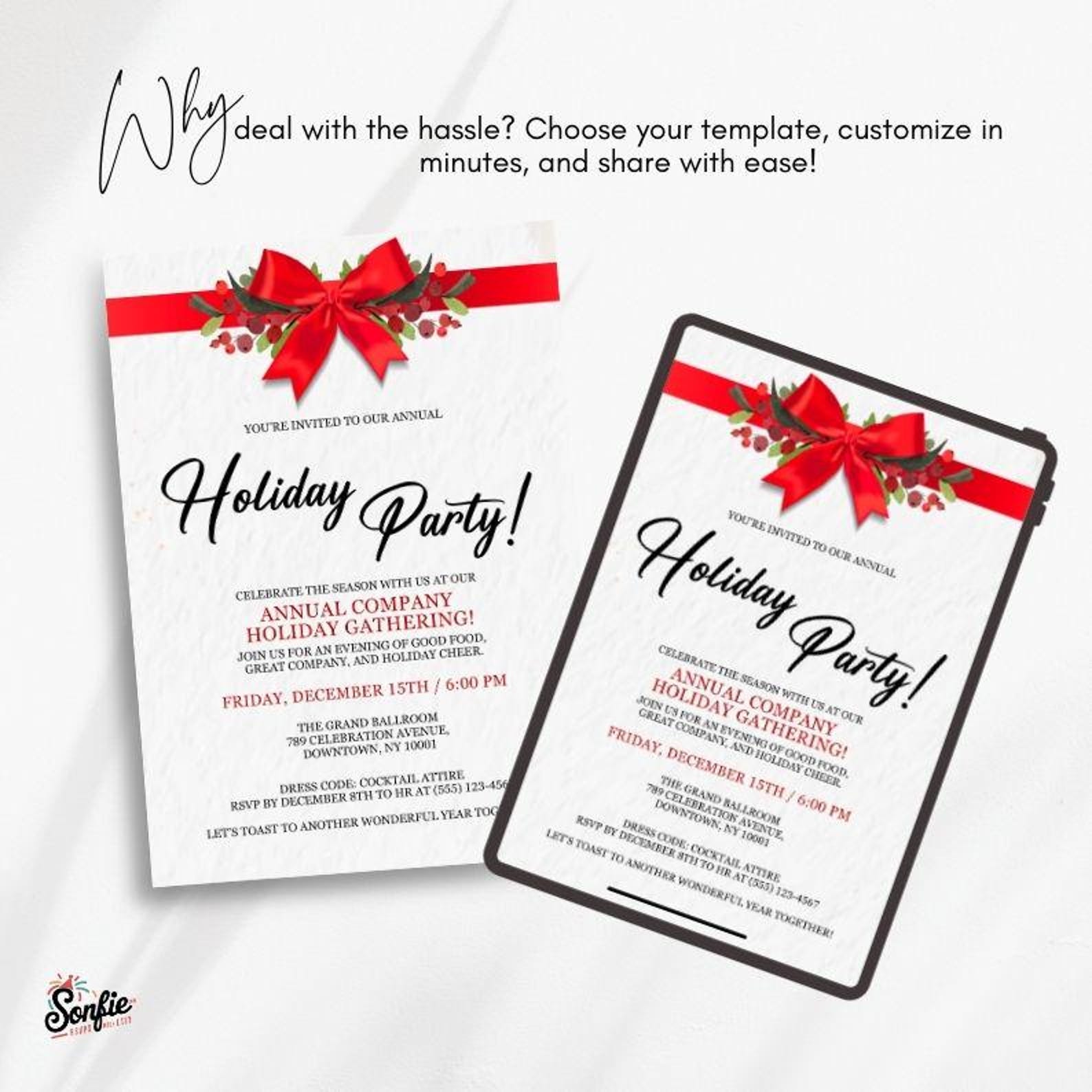 Company Holiday Gathering Invitation - With Elegant Ribbon Design ...