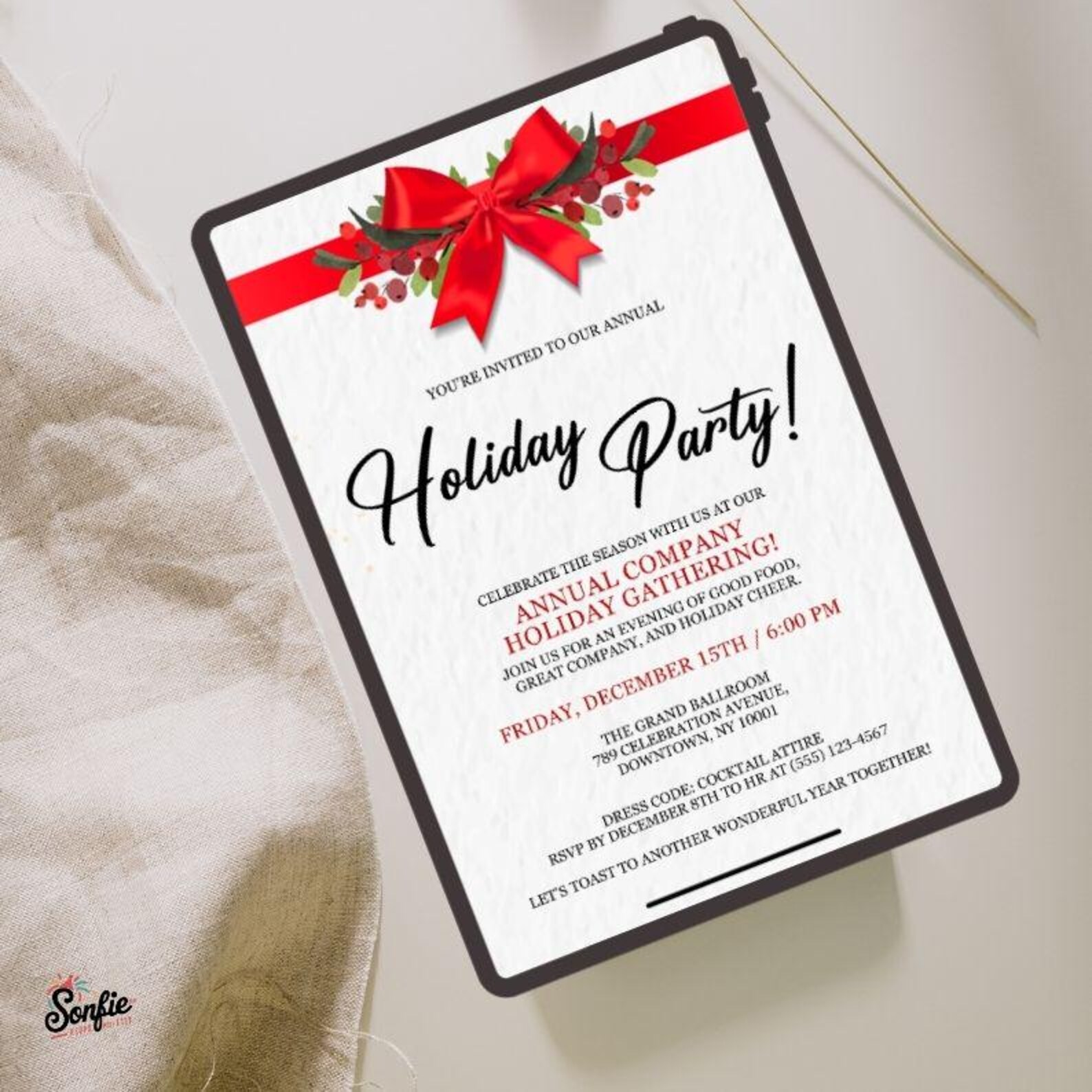 Company Holiday Gathering Invitation - With Elegant Ribbon Design ...