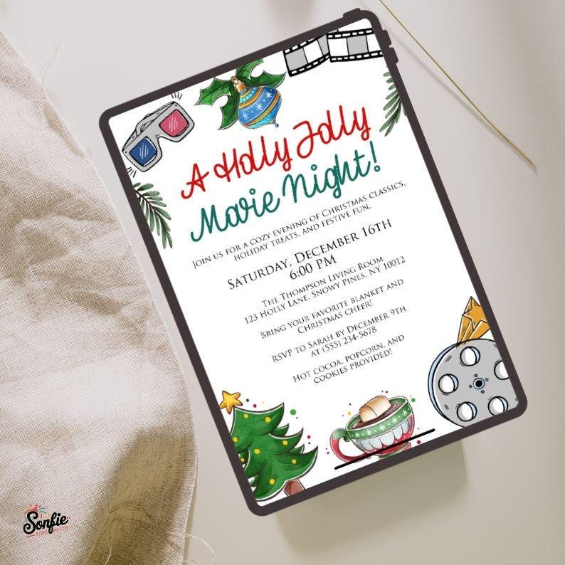 Movie Night Christmas Party Invitation - Festive Holiday Design ...