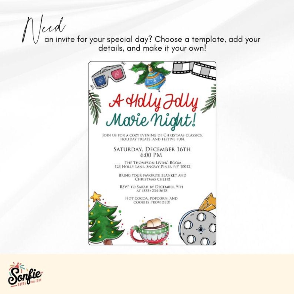 Movie Night Christmas Party Invitation - Festive Holiday Design ...