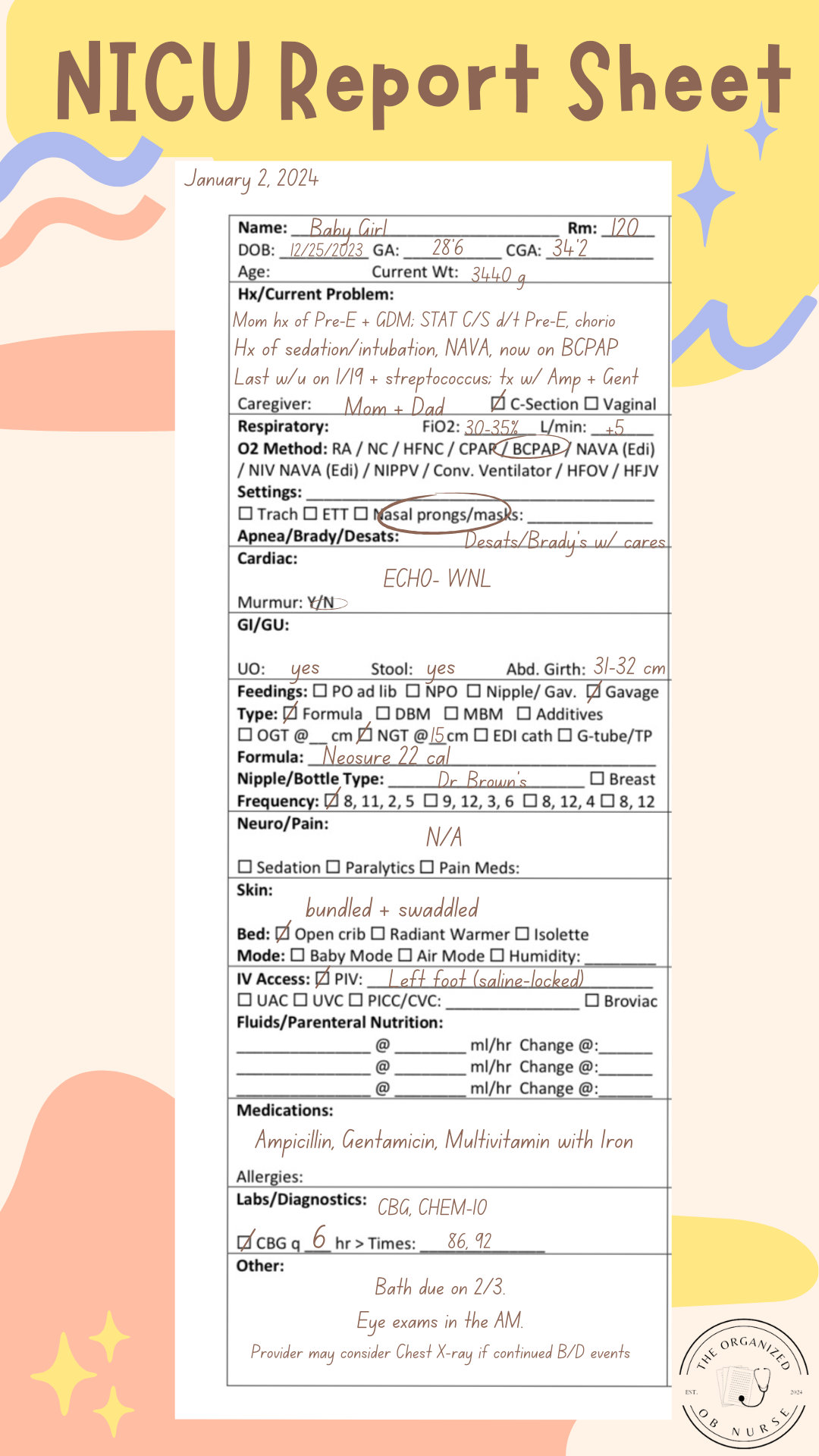 NICU Vertical Report Sheet - Etsy