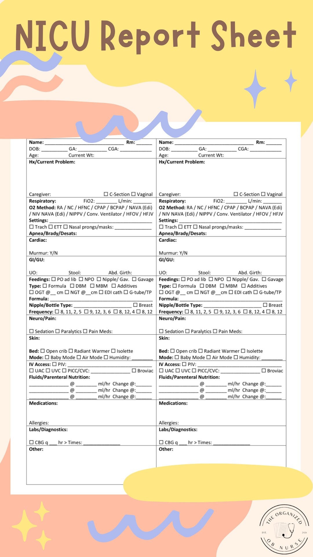NICU Vertical Report Sheet - Etsy