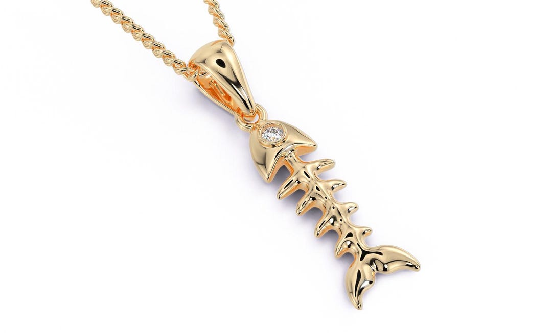 14k Solid Gold Fish Bone Diamond Pendant, Diamond Fish Bone Necklace ...