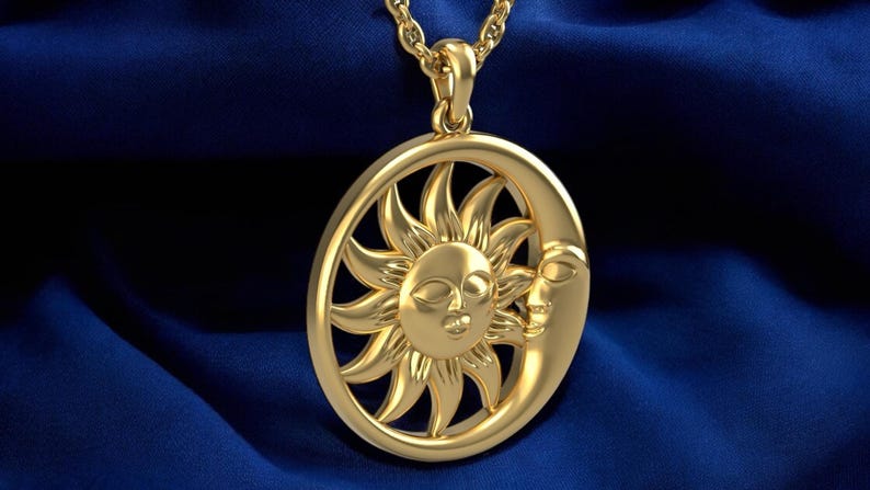 14k Solid Gold Round Sun and Moon Pendant, Gold Sun and Moon Pendant ...