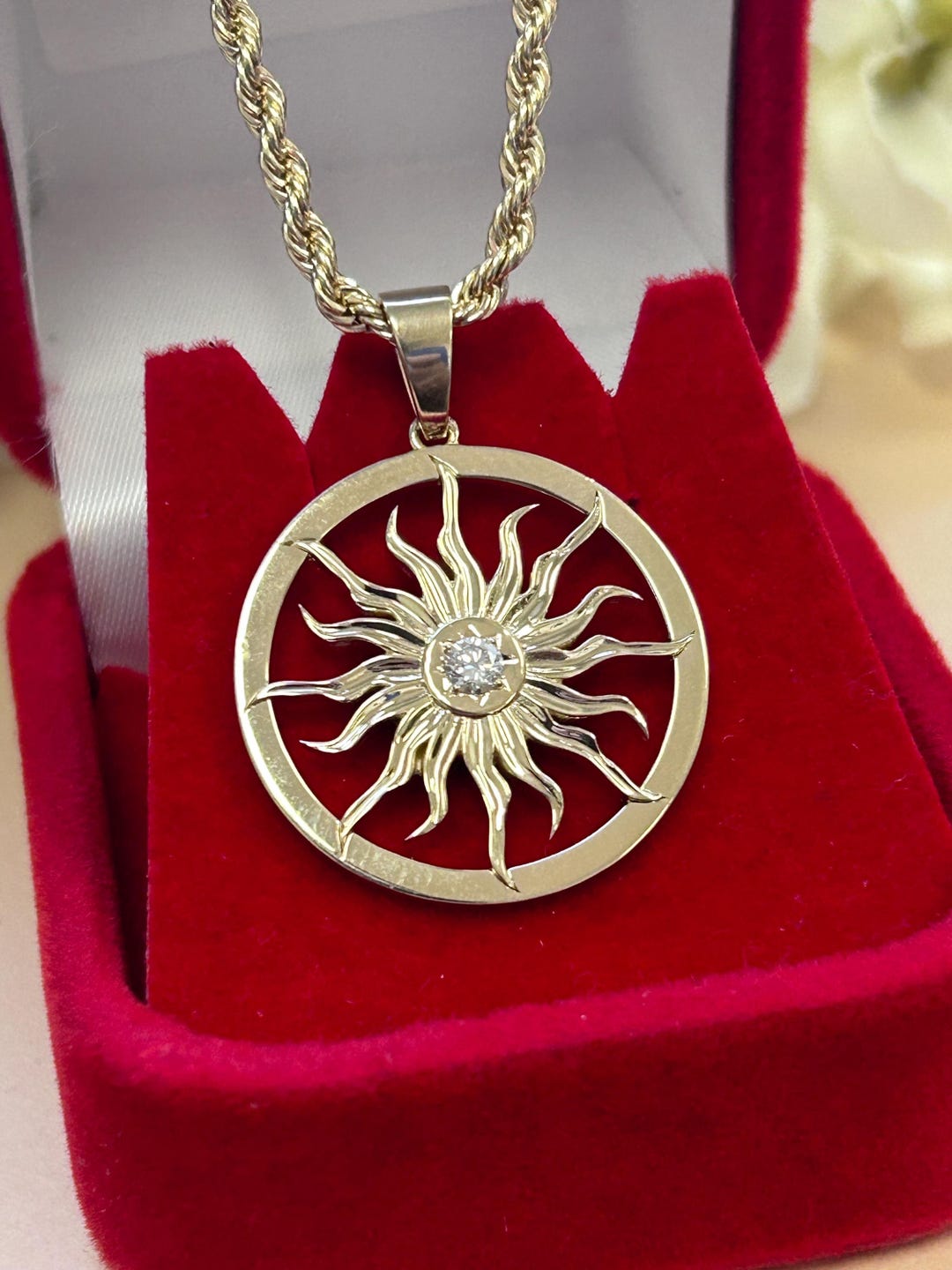 14k Solid Gold Diamond Sun Pendant With Diamond, Diamond Sun Pendant ...
