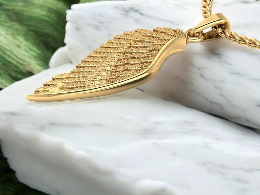 14k Solid Gold Angel Wing Necklace, Gold Angel Wing Necklace, 3D Gold ...