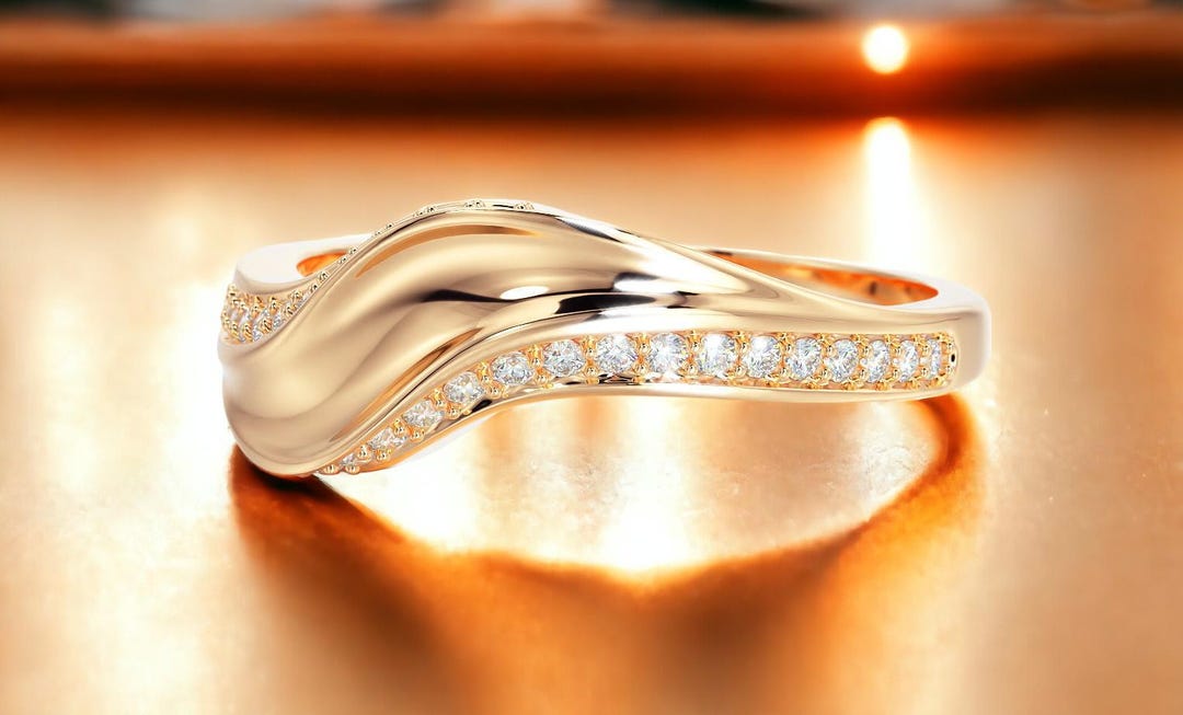 Curved Diamond Wedding Band, 14k Solid Gold Diamond Curved Ring, Curvy ...
