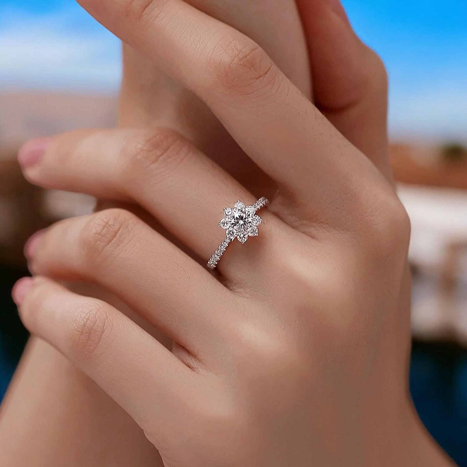 1.25CTW Sunflower Solitaire Engagement Ring, 14K Solid Gold Round ...
