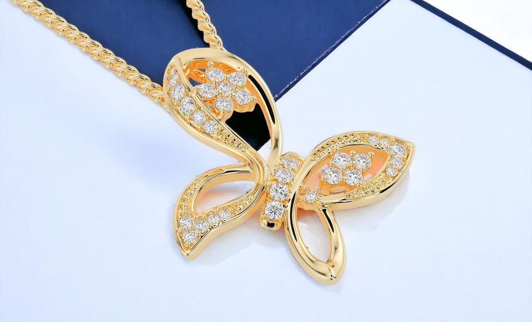 14K Solid Gold Diamond Butterfly Pendant, Gold Butterfly Pendant With ...