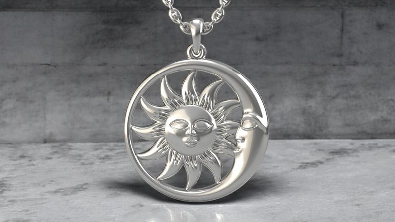 14k Solid Gold Round Sun and Moon Pendant, Gold Sun and Moon Pendant ...