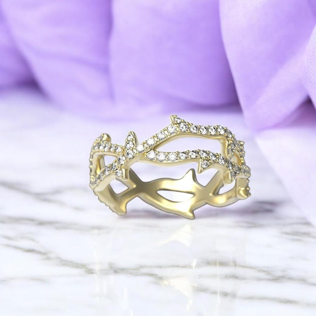 14k Solid Gold Thorn Design Diamond Eternity Ring, Thorn Ring With ...