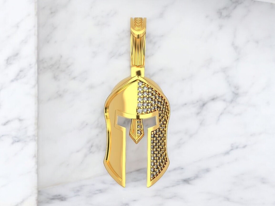 14k Solid Gold Diamond Spartan Helmet Pendant, Helmet Diamond Pendant ...