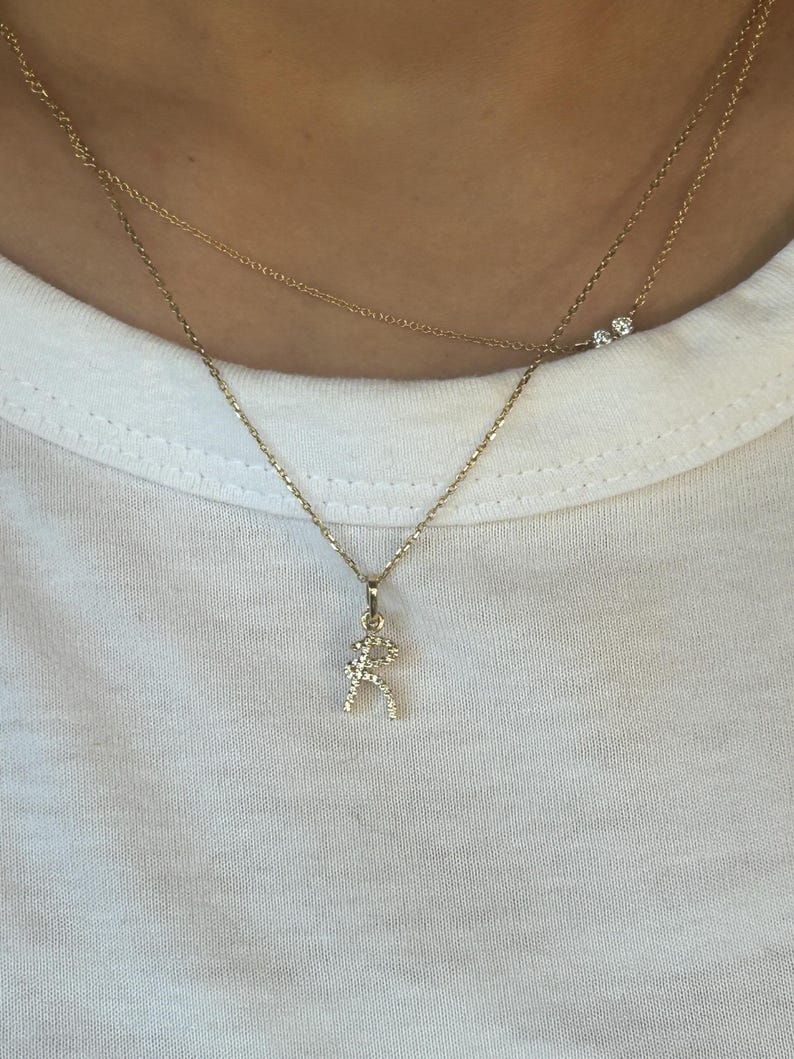 14K Solid Gold Diamond Initial R Necklace, Diamond Personalized Initial ...