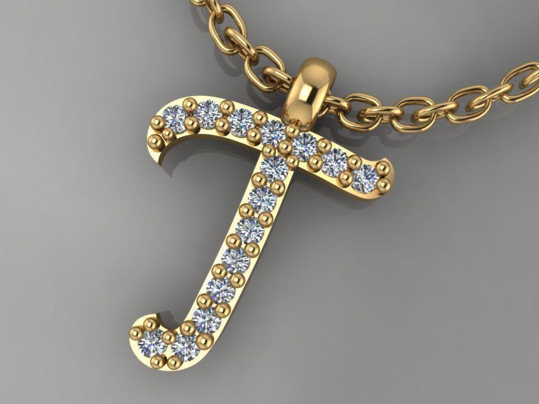 14K, 18K Solid Gold Diamond Initial T Necklace, Diamond Personalized ...