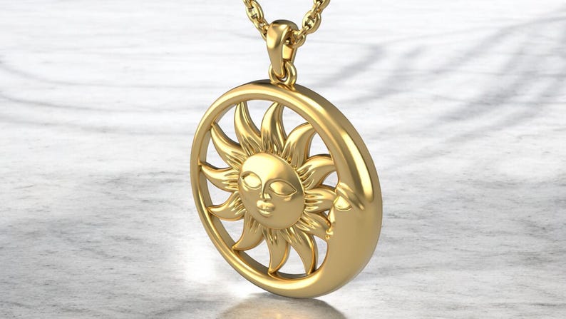 14k Solid Gold Round Sun and Moon Pendant, Gold Sun and Moon Pendant ...