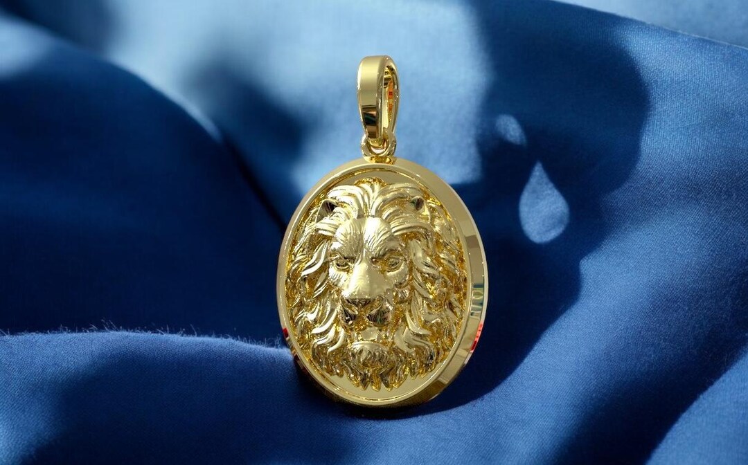 14K Solid Gold Oval Shape Lion Pendant, Gold Lion Pendant, Unisex ...