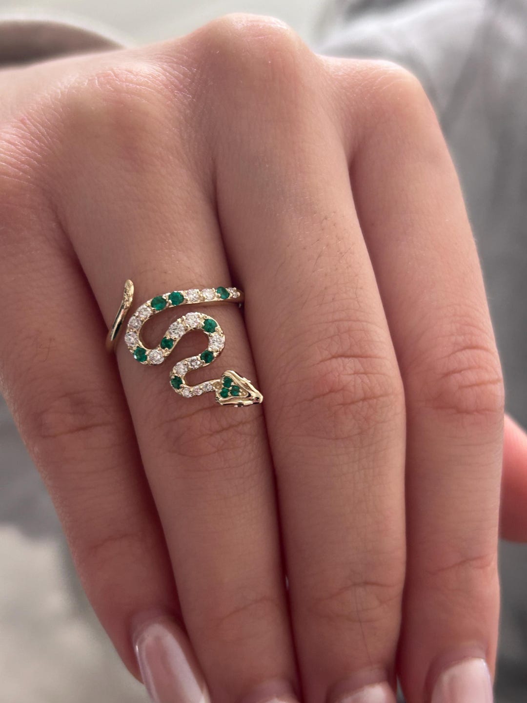 14k Solid Gold Snake Ring With Emerald and Diamonds, Snake Ring ...