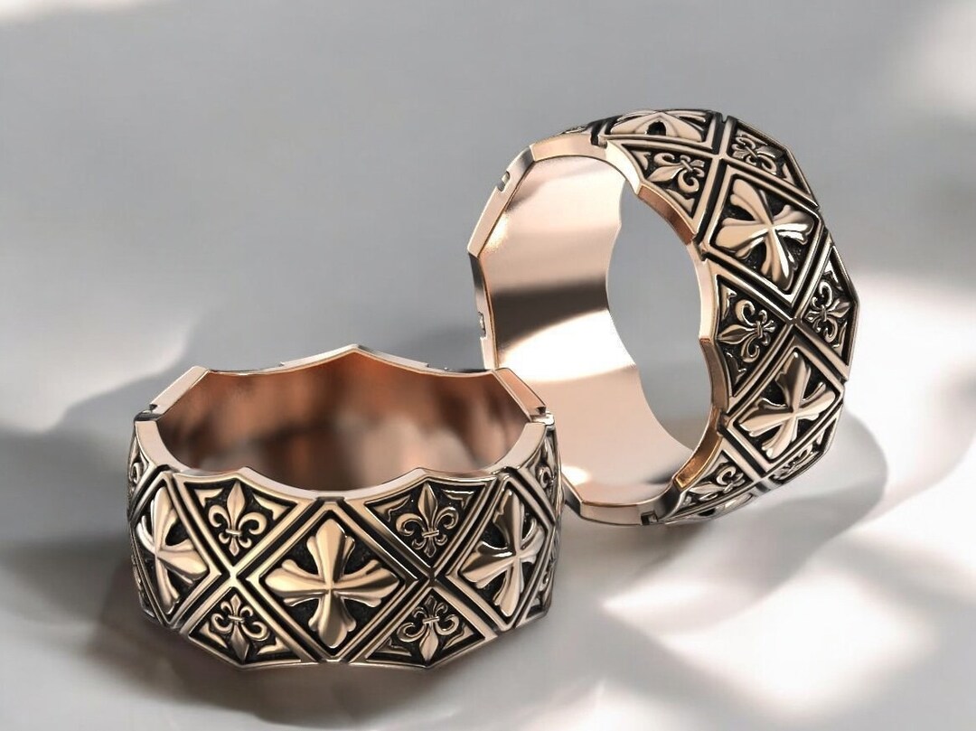 14k Solid Gold Maltese Cross and Fleur-de-lis Ring, 10mm Cross Ring ...