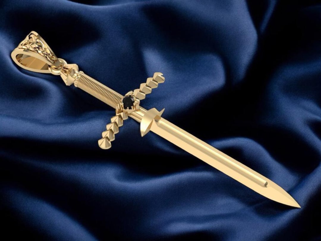 14k Solid Gold Sword Pendant With Black Diamond, 6.3 Grams 14k Solid ...