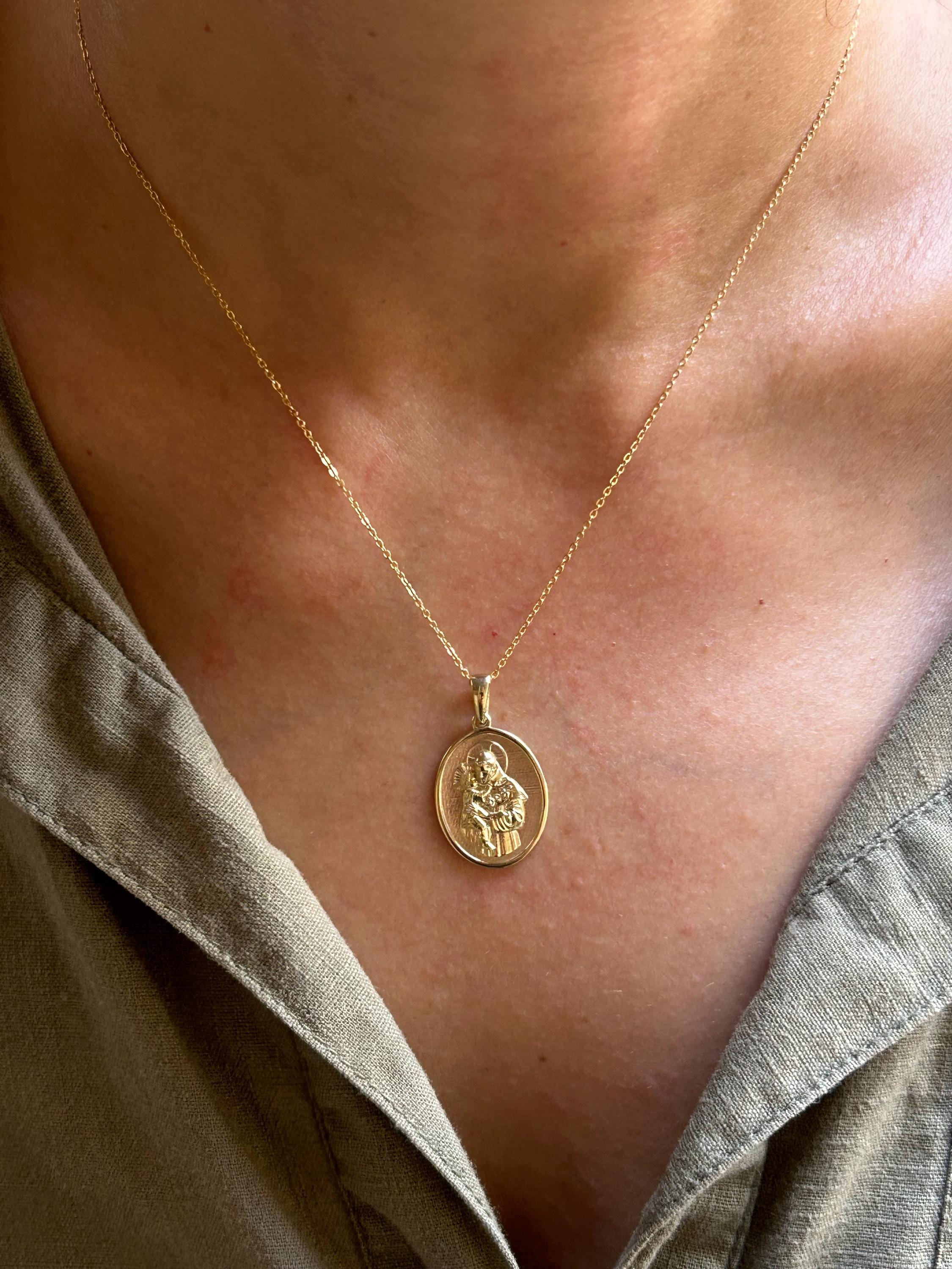 14k Solid Gold Saint Anthony Pendant, Oval Saint Anthony Pendant, St ...