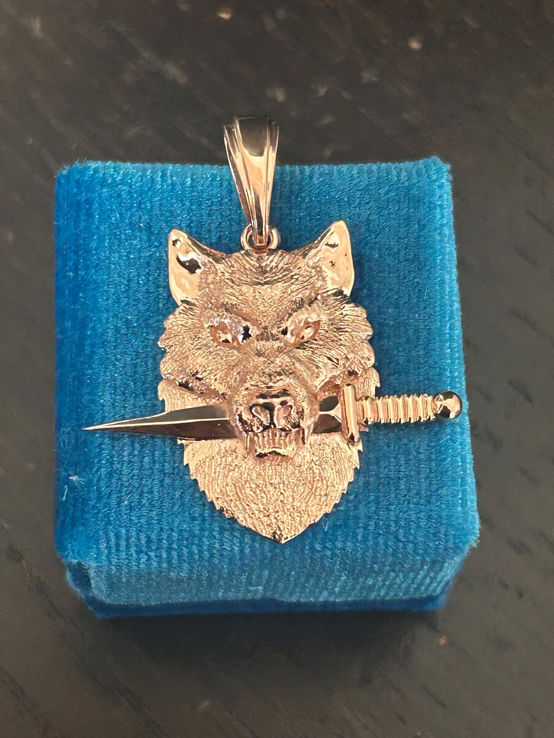 14K Solid Gold Wolf Pendant, Gold Wolf With Dagger Pendant, Wolf ...