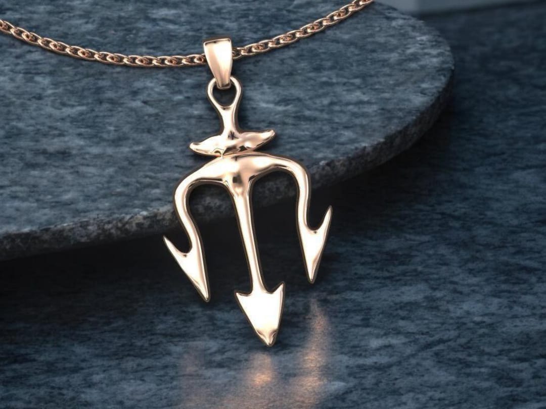 14k Solid Gold Trident Pendant, Gold Unique Design Trident Pendant ...