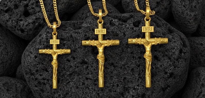 18k Solid Gold Jesus Cross Pendant, 3 Sizes, Unisex, Thick Chain Ready ...