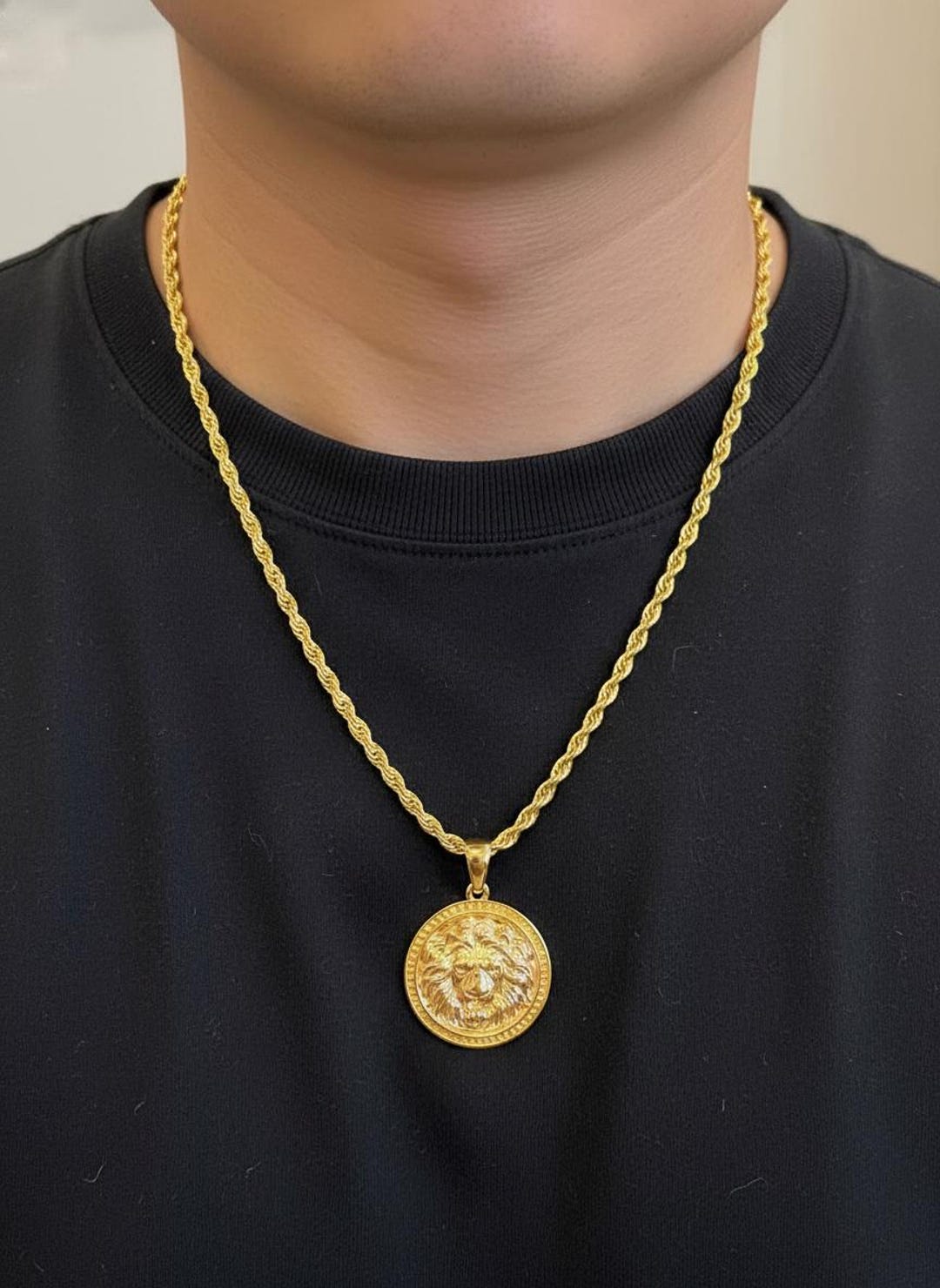 14K Solid Gold Round Lion Pendant, Gold Angry Lion Pendant, Unisex ...