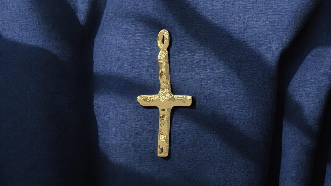14k Solid Gold Irregular Hammered Small Cross Pendant, Hammered Charm ...