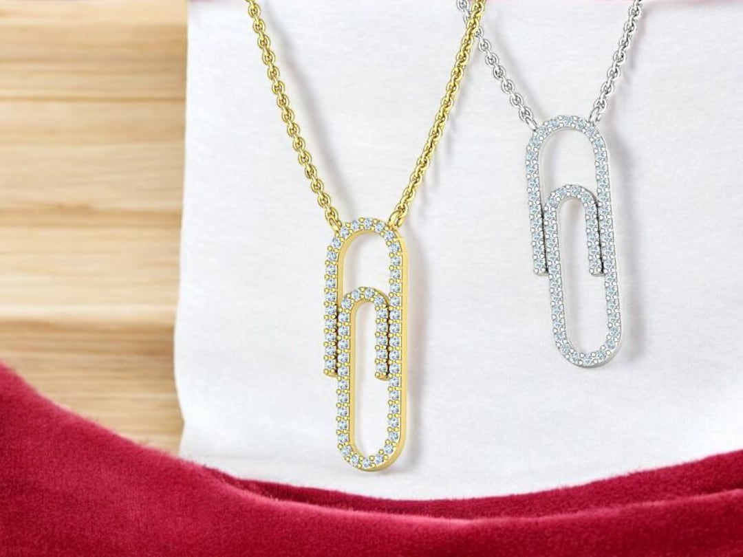 14K Solid Gold Paperclip Necklace With Diamonds, Diamond Paperclip ...