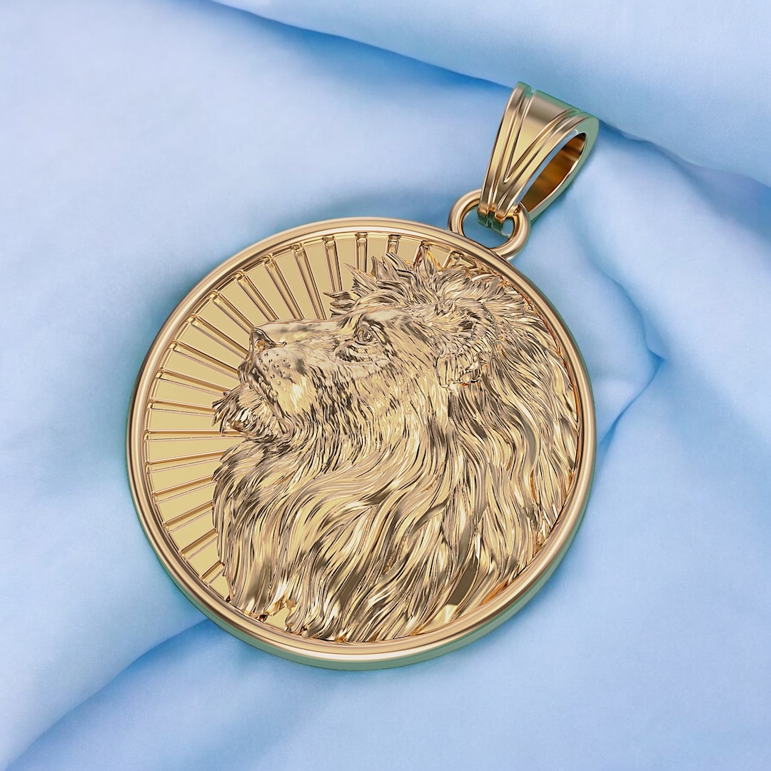 14k, 18k Solid Gold Round Lion Pendant, Round Gold Lion Pendant, Unisex ...