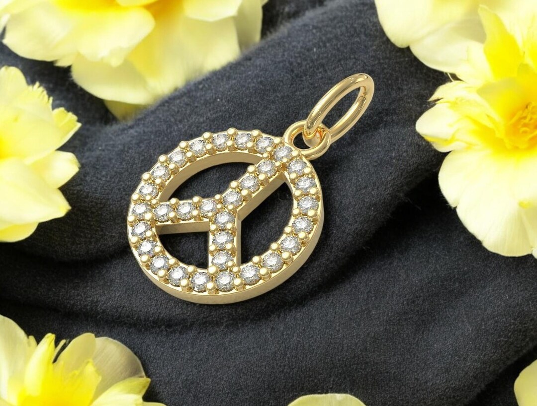 14k Solid Gold Manmade Diamond Peace Sign Charm Pendant, Lab Created ...