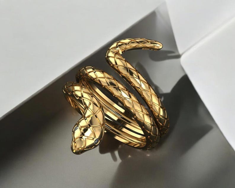 14k Solid Gold Snake Ring With Diamond Eyes, Snake Ring, Statement Ring ...