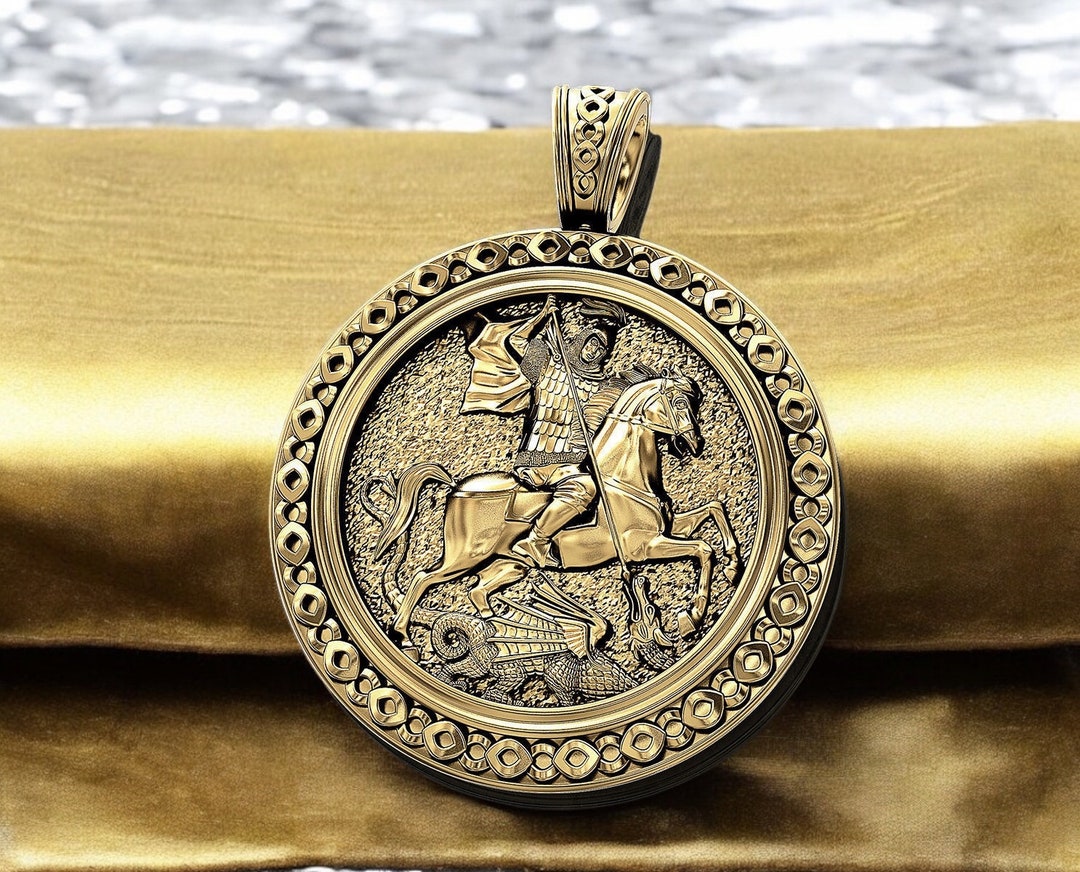 14k Solid Gold Saint George Pendant, St George Dragon Hunter Pendant ...