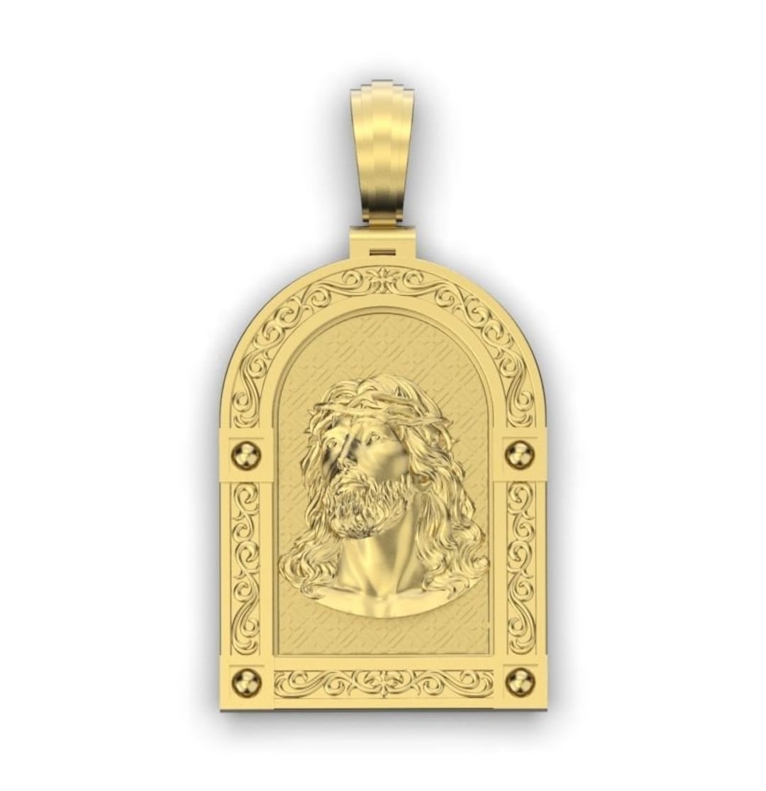 14K Solid Gold Jesus Pendant, Framed Jesus Christ Pendant, 10 Grams ...