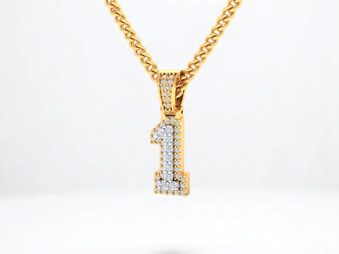 14K, 18K Solid Gold Number 1 Diamond Pendant, Number Diamond Pendant ...