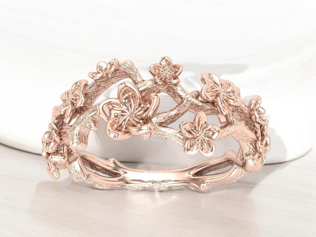 14k Solid Gold Sakura Tree Design Ring, Sakura Gold Ring, Sakura Design ...