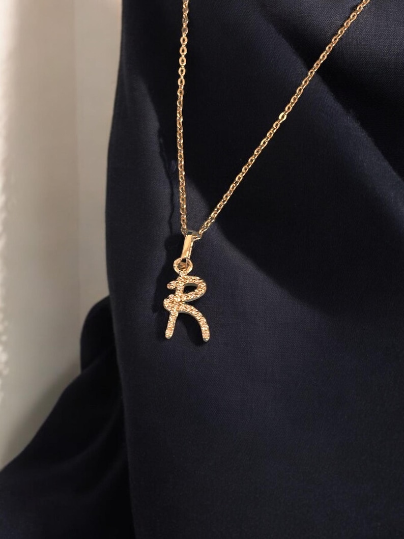 14K Solid Gold Diamond Initial R Necklace, Diamond Personalized Initial ...