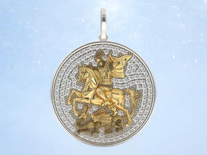 14k Solid Gold Saint George Diamond Pendant, St George Dragon Hunter ...