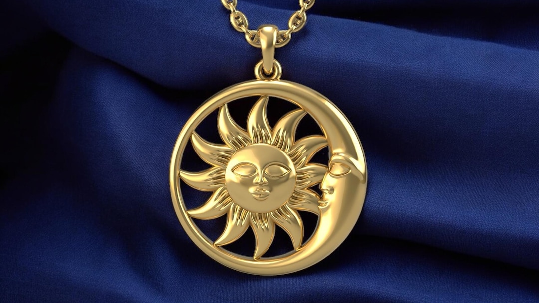 14k Solid Gold Round Sun and Moon Pendant, Gold Sun and Moon Pendant ...
