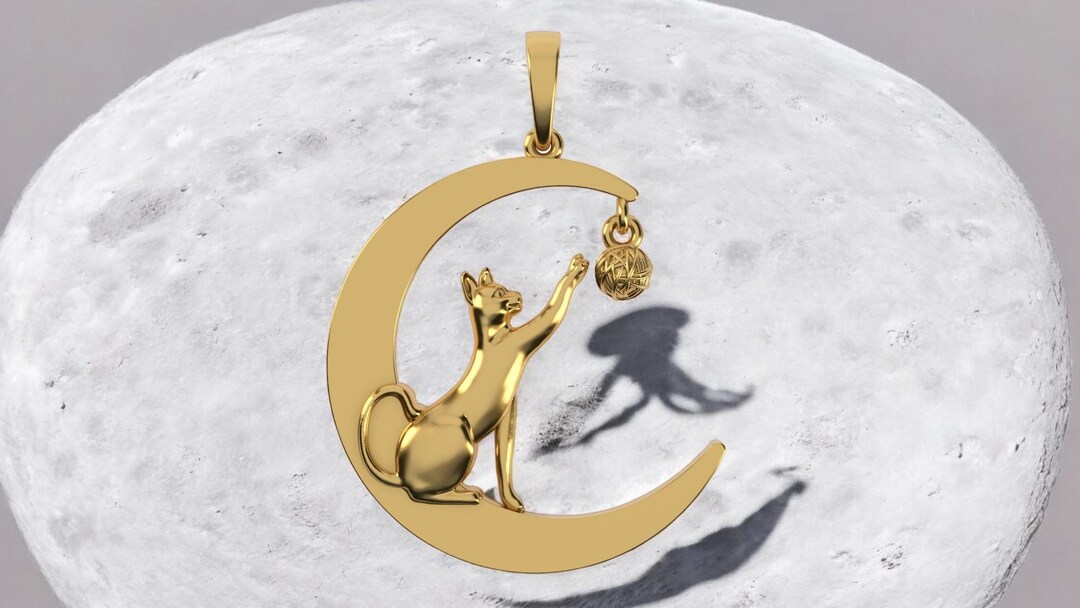 14k Solid Gold Diamond Cat and Moon Pendant, Cat and Moon Pendant for ...