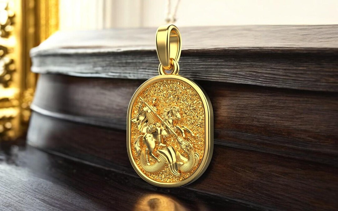 14k Solid Gold Saint George Double Sided Pendant, St George Dragon ...