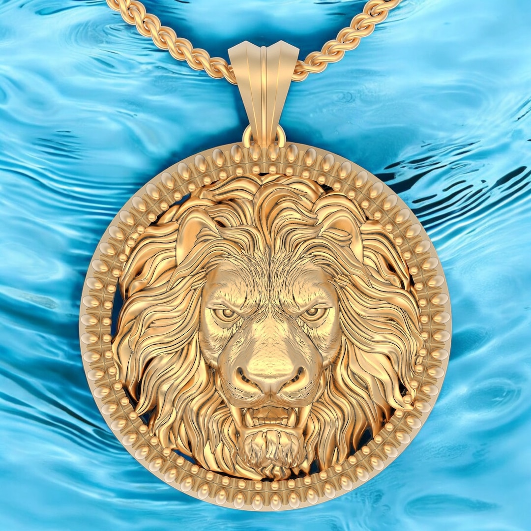 14K Solid Gold Round Lion Pendant, 21 Grams Gold Lion Pendant, Unisex ...
