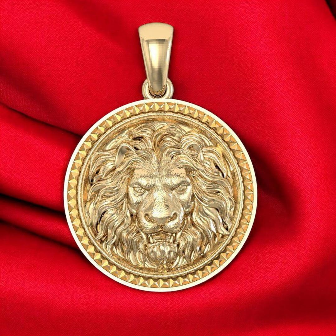 14K Solid Gold Round Lion Pendant, Gold Angry Lion Pendant, Unisex ...