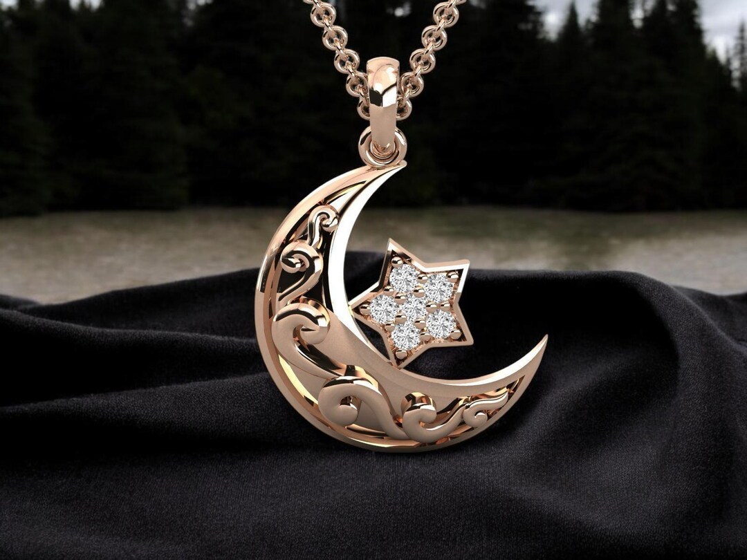 Diamond Moon and Star Pendant, 14k Solid Gold Moon and Star Diamond ...
