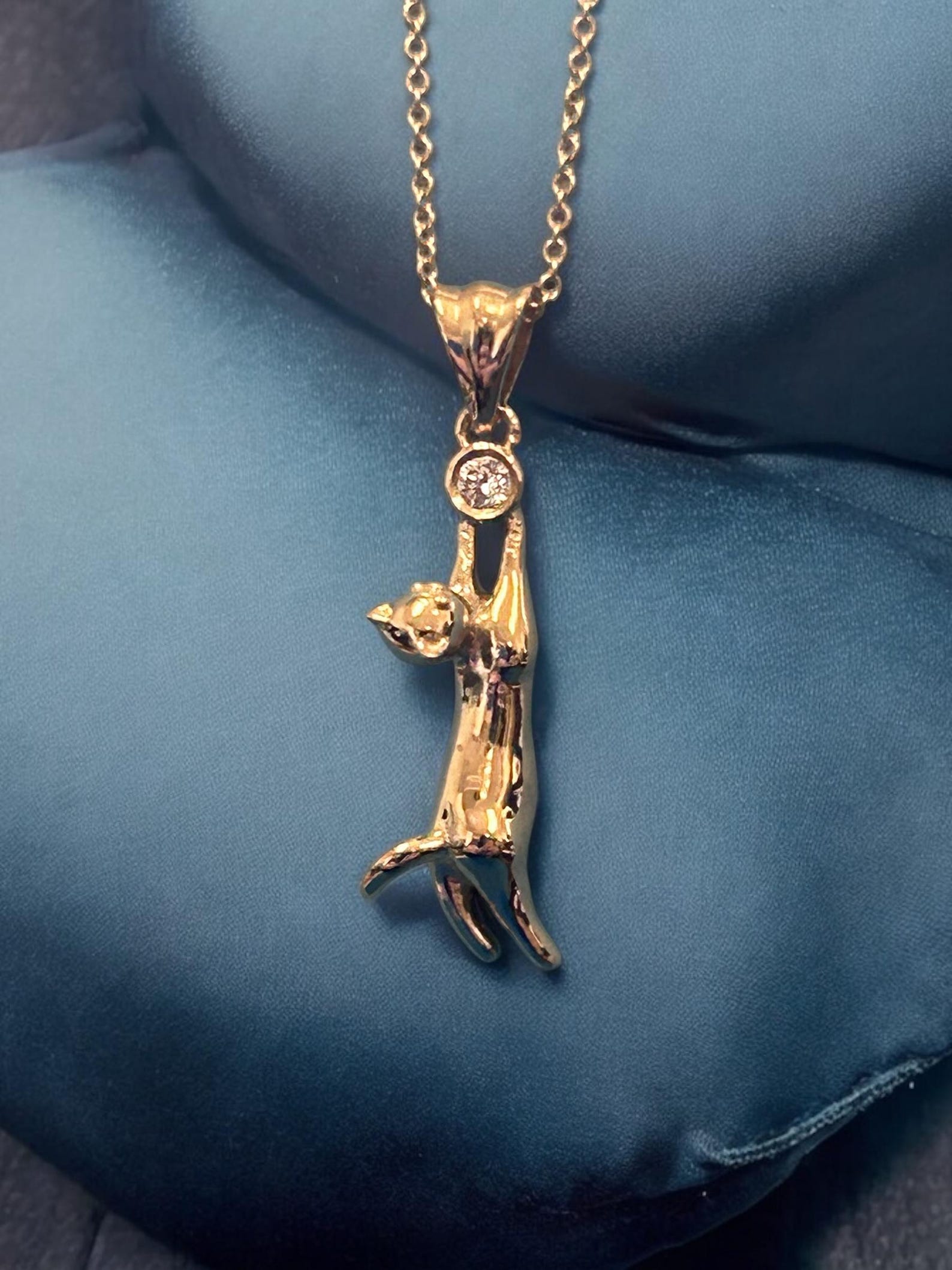 14k Solid Gold Cat Pendant, Diamond Cat Pendant, Climbing Cat Pendant ...