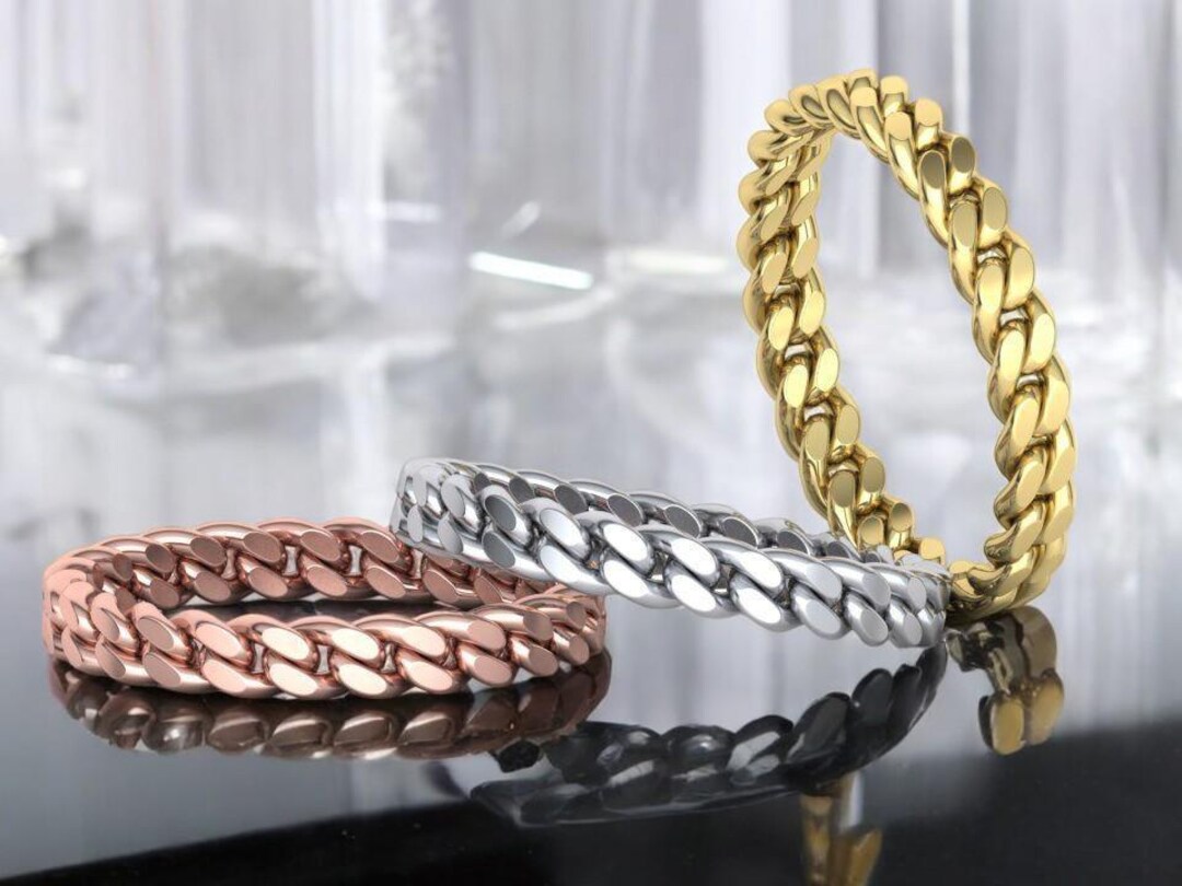 14k Gold Miami Cuban Link Chain Ring, 3mm Wide Stackable Chain Ring for ...