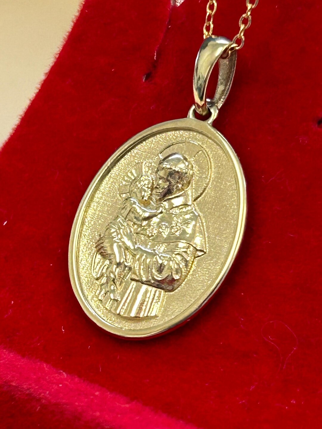 14k Solid Gold Saint Anthony Pendant, Oval Saint Anthony Pendant, St ...