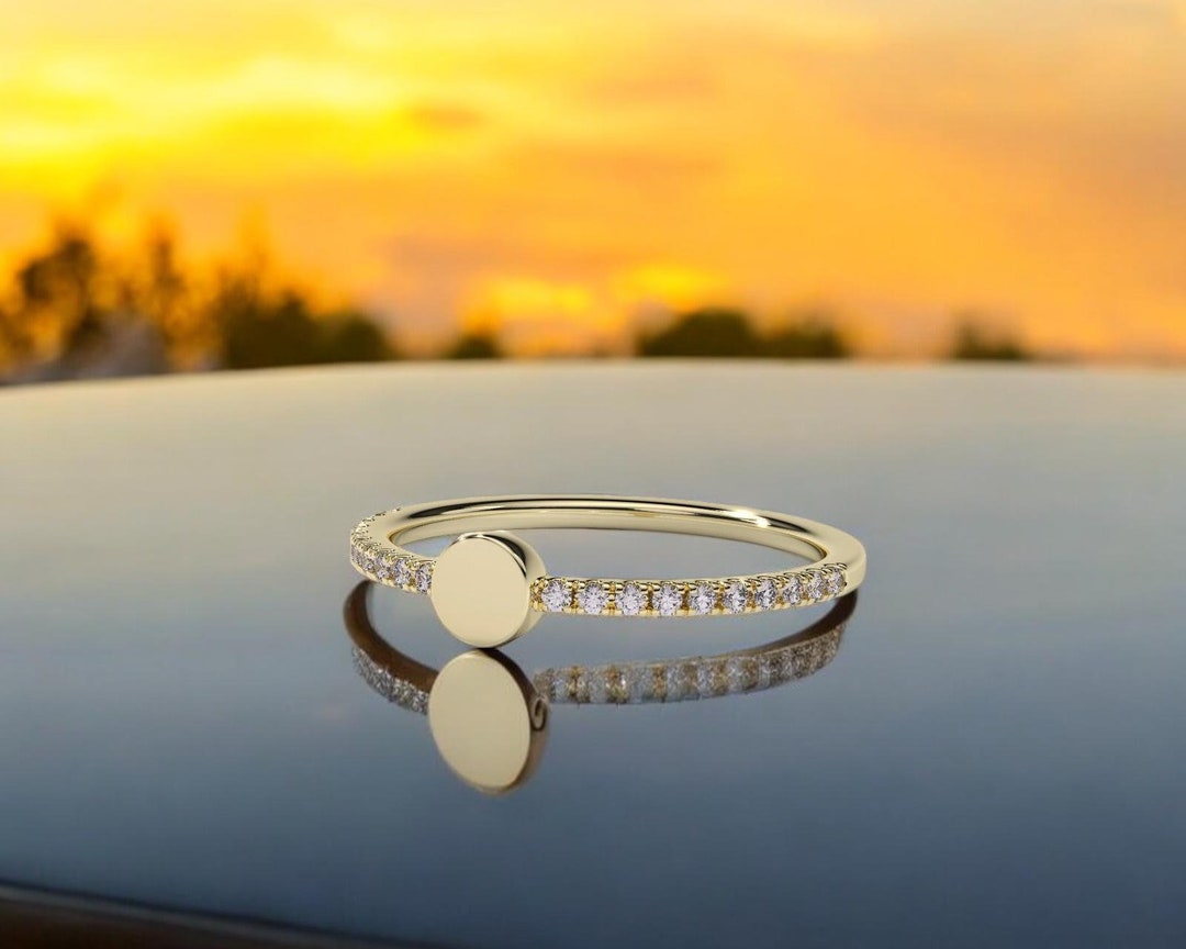 14k Solid Gold Diamond Disc Ring for Her, Plain Disc Ring With Diamonds ...